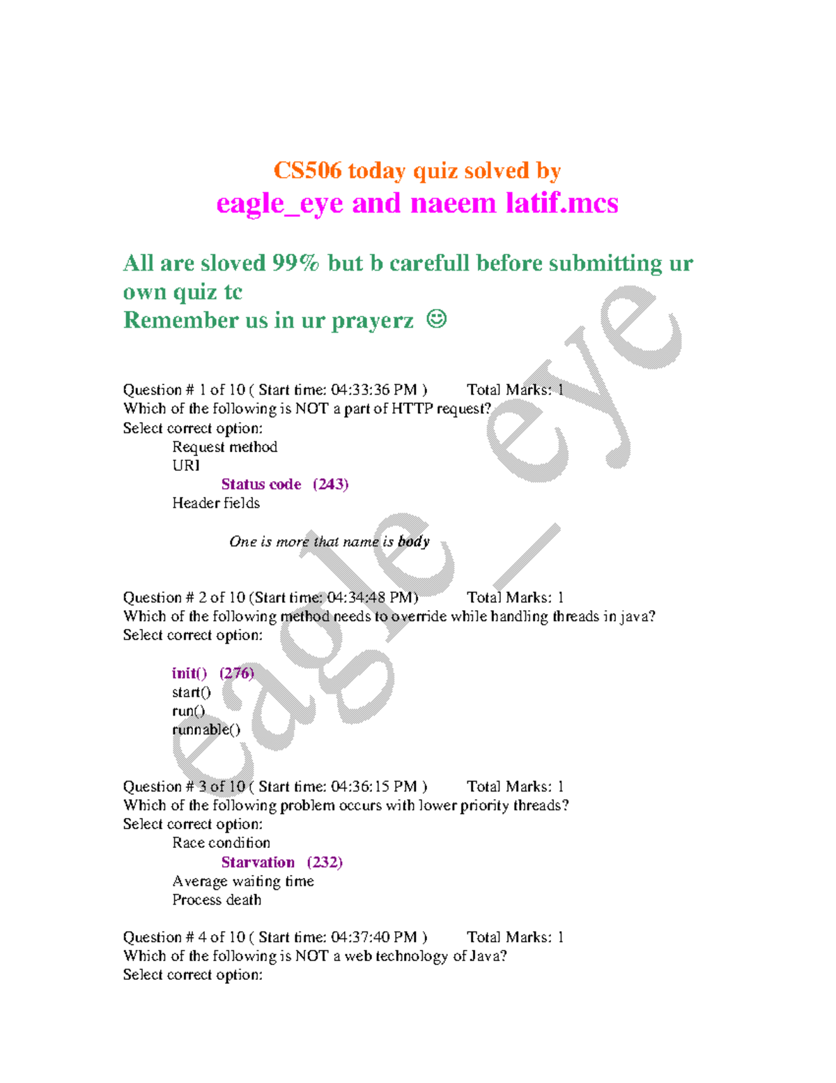 CS506 Solved MCQS - CS506 today quiz solved by eagle_eye and naeem latif All are sloved 99% but ...