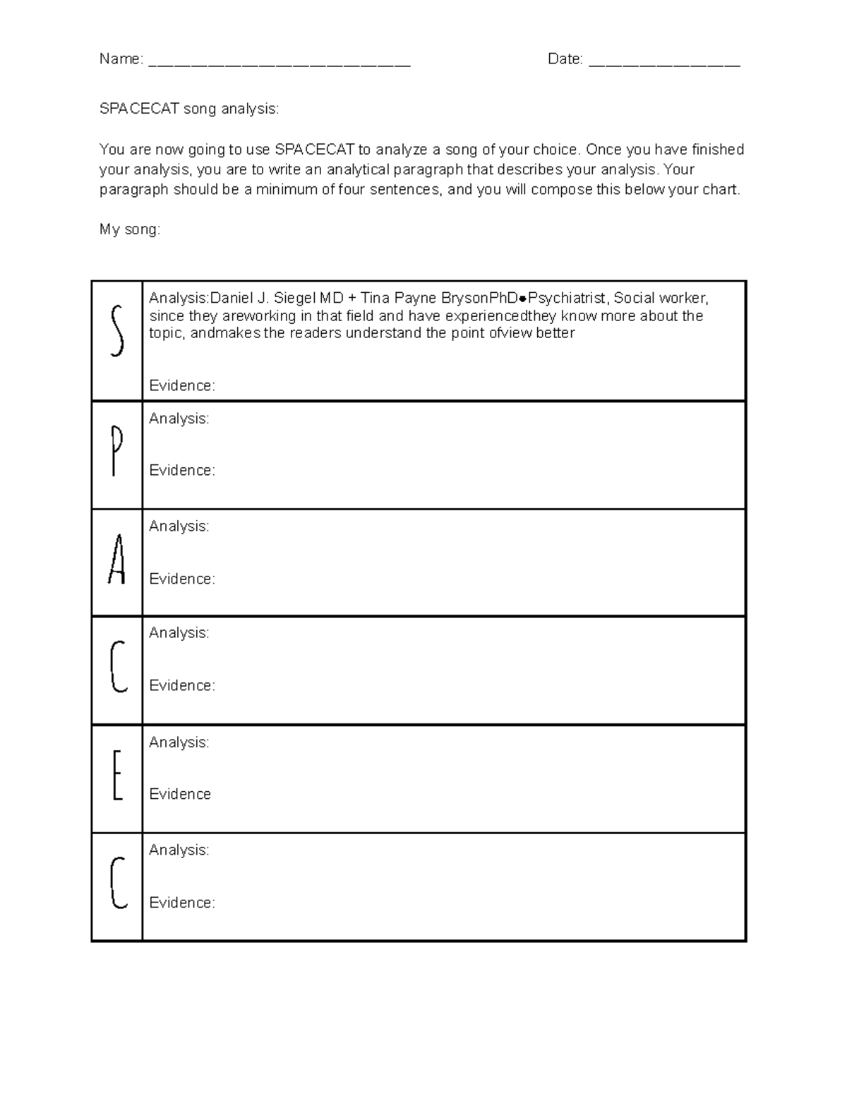 Spacecat Song Analysis Graphic Organizer - Name ...