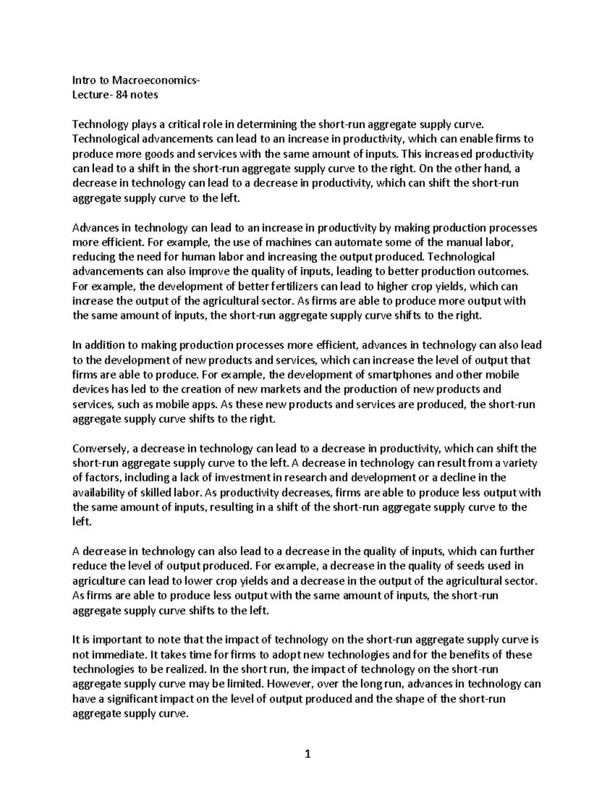 Intro To Macroeconomics Lecture 84 Notes 1 Intro To Macroeconomics Lecture 84 Notes