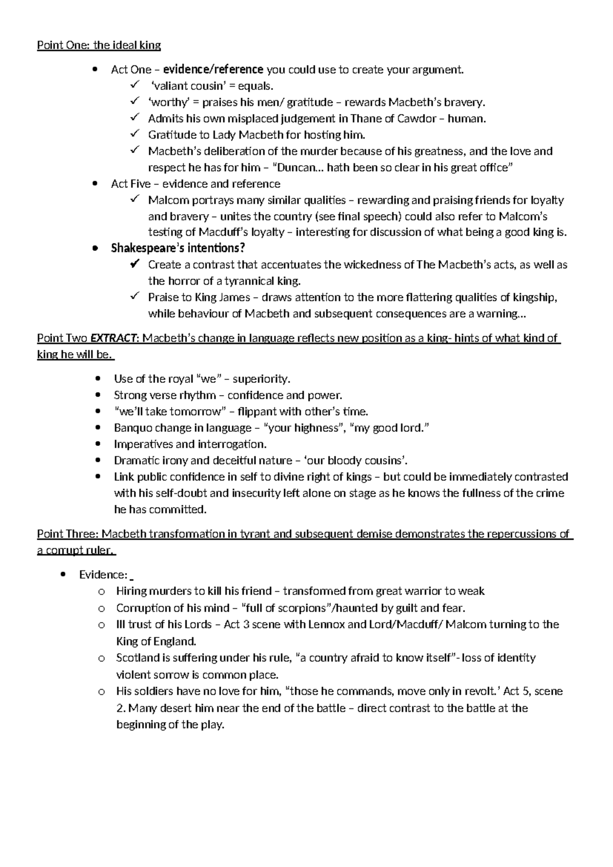 Kingship-Essay-Plan - good notes - Point One: the ideal king Act One ...