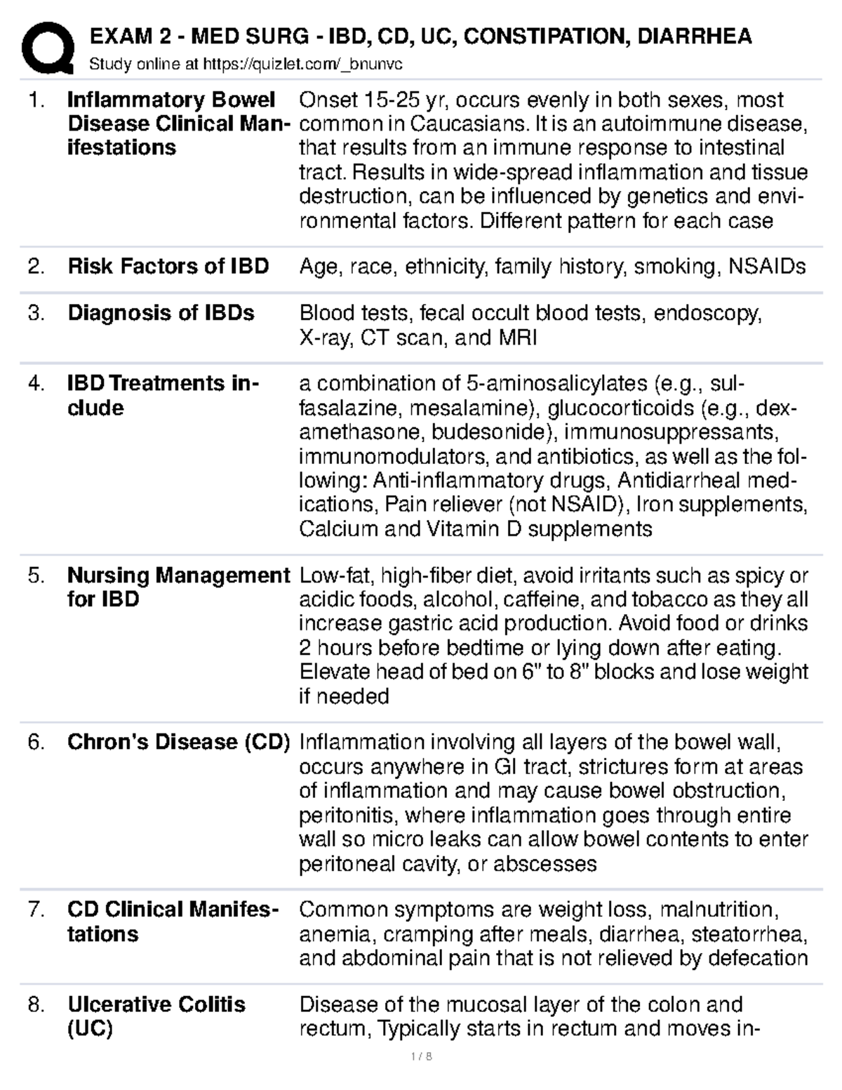 EXAM 2 - MED SURG - IBD, CD, UC, Constipation, Diarrhea - Study online ...
