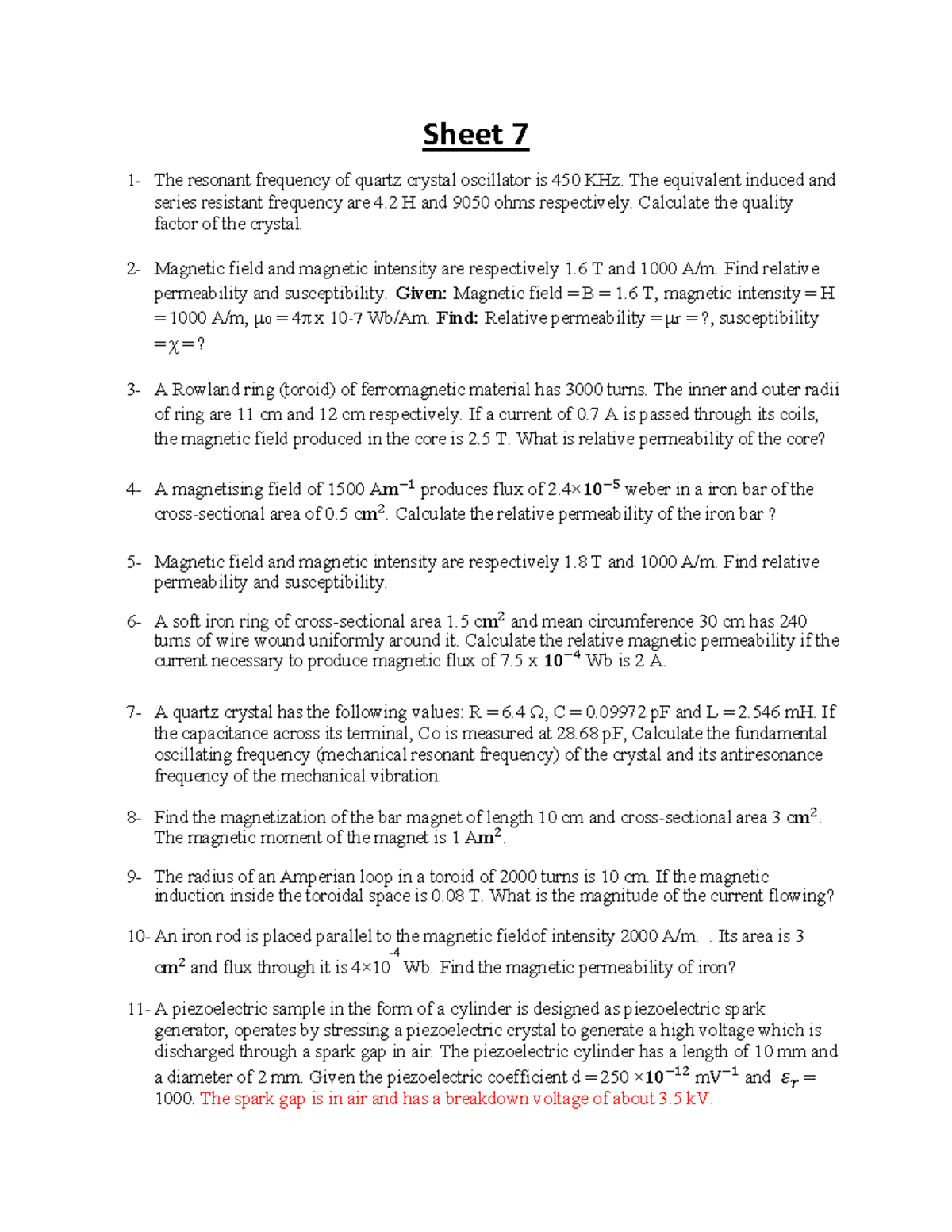 Sheet 7 - dasdasd - Sheet 7 1- The resonant frequency of quartz crystal ...