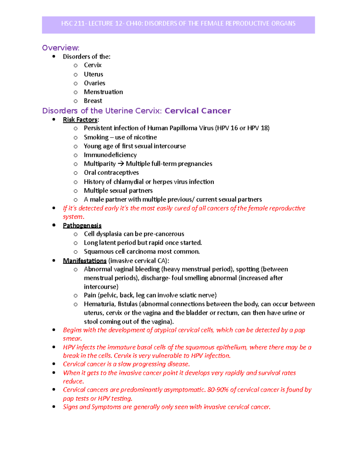 Lecture 12- Disorders of the Female Reproductive Organs - Overview ...