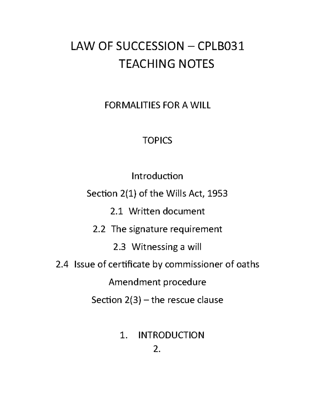 LAW OF Succession - Notes - LAW OF SUCCESSION – CPLB TEACHING NOTES ...