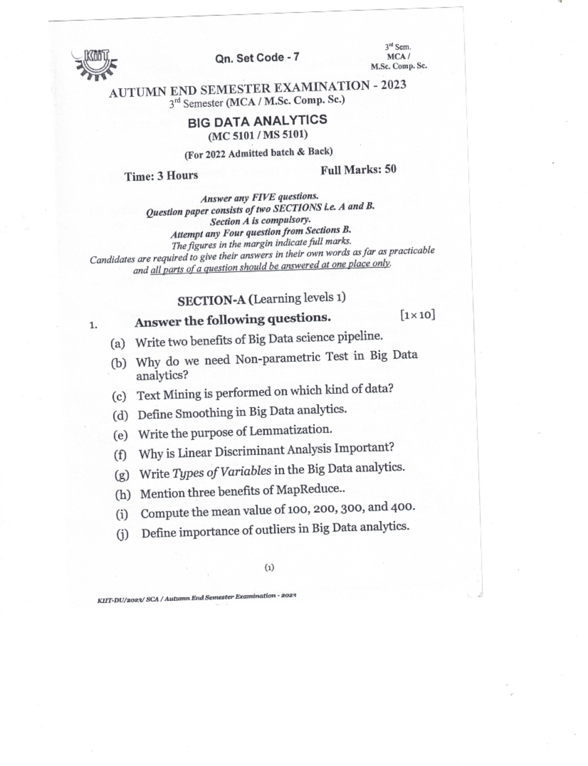 Big Data Analytics (MC-MS5101) - 3rd Sem. Qn. Set Code 7 MCA M. Comp. Sc. AUTUMN END SEMESTER ...
