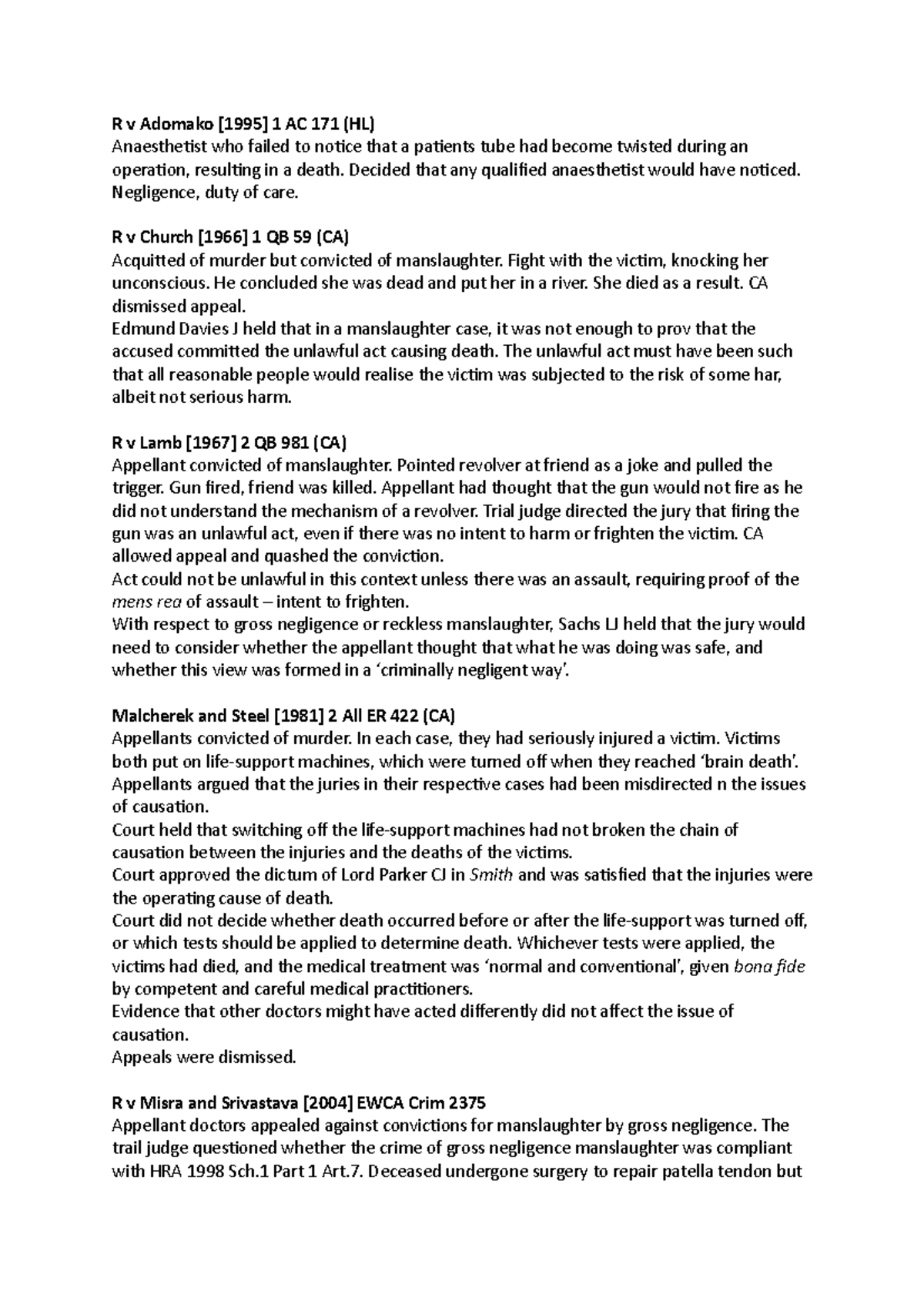 Criminal law: List of useful cases for murder - R v Adomako [1995] 1 AC ...