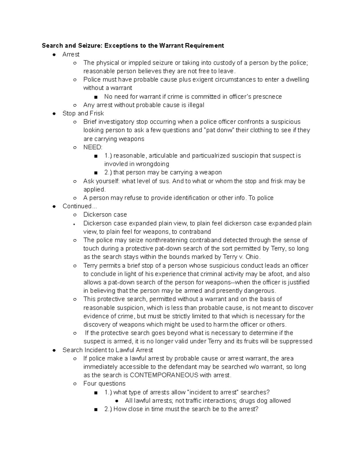 Search and Seizure: Exceptions to the Warrant Requirement - Studocu