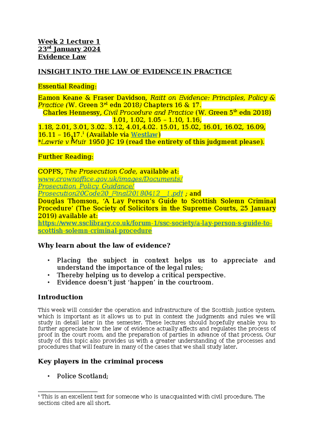 Week 2 Evi Lecture Notes For Week 2 Week 2 Lecture 1 23 Rd January 2024 Evidence Law Insight