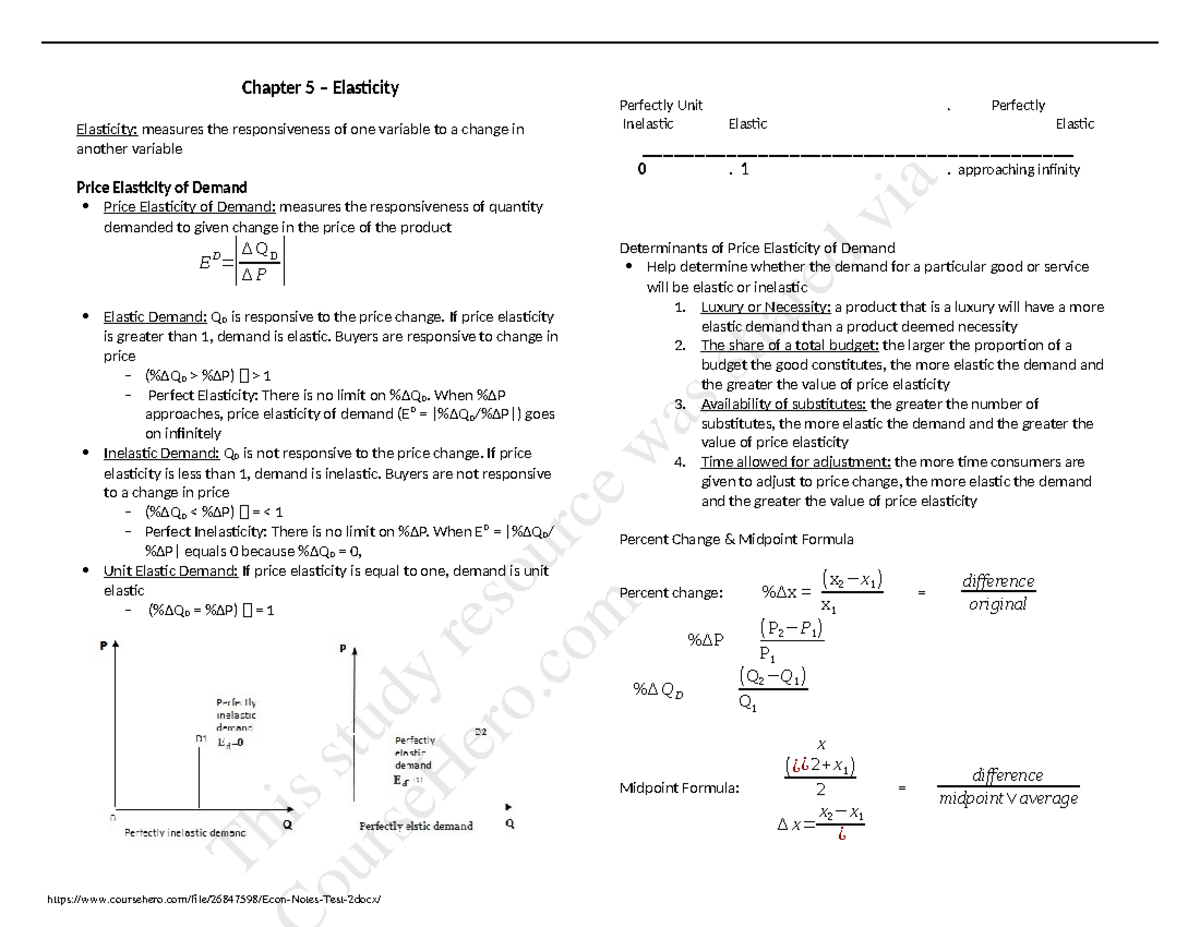 Econ Notes Test 2 - Chapter 5 – Elasticity Elasticity: measures the ...