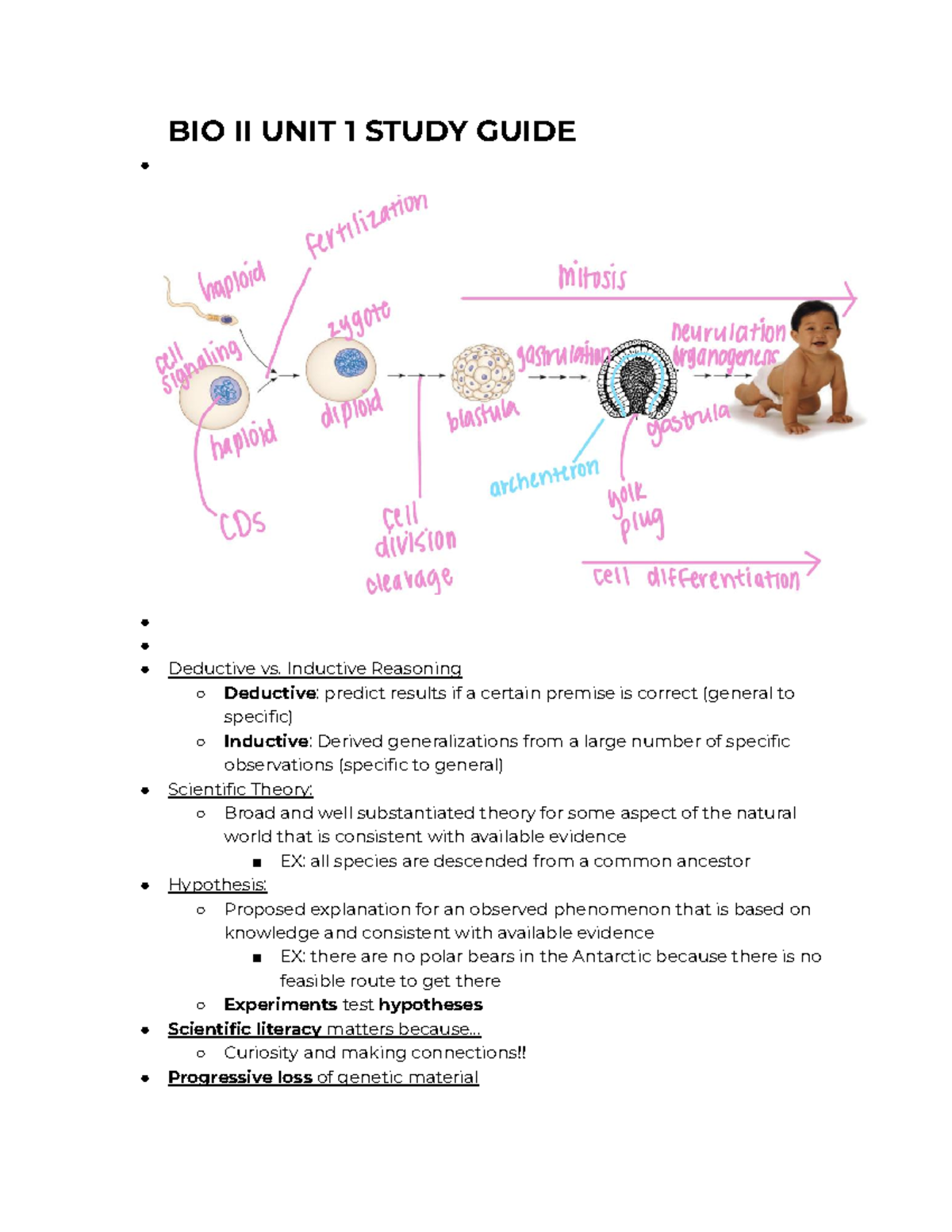 Bio Unit 1 Review - BIO II UNIT 1 STUDY GUIDE Deductive vs. Inductive ...
