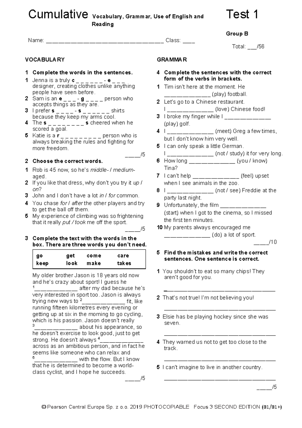 Focus 3 2E Cumulative Test 1 Units 1-2 Group B - Cumulative Vocabulary ...