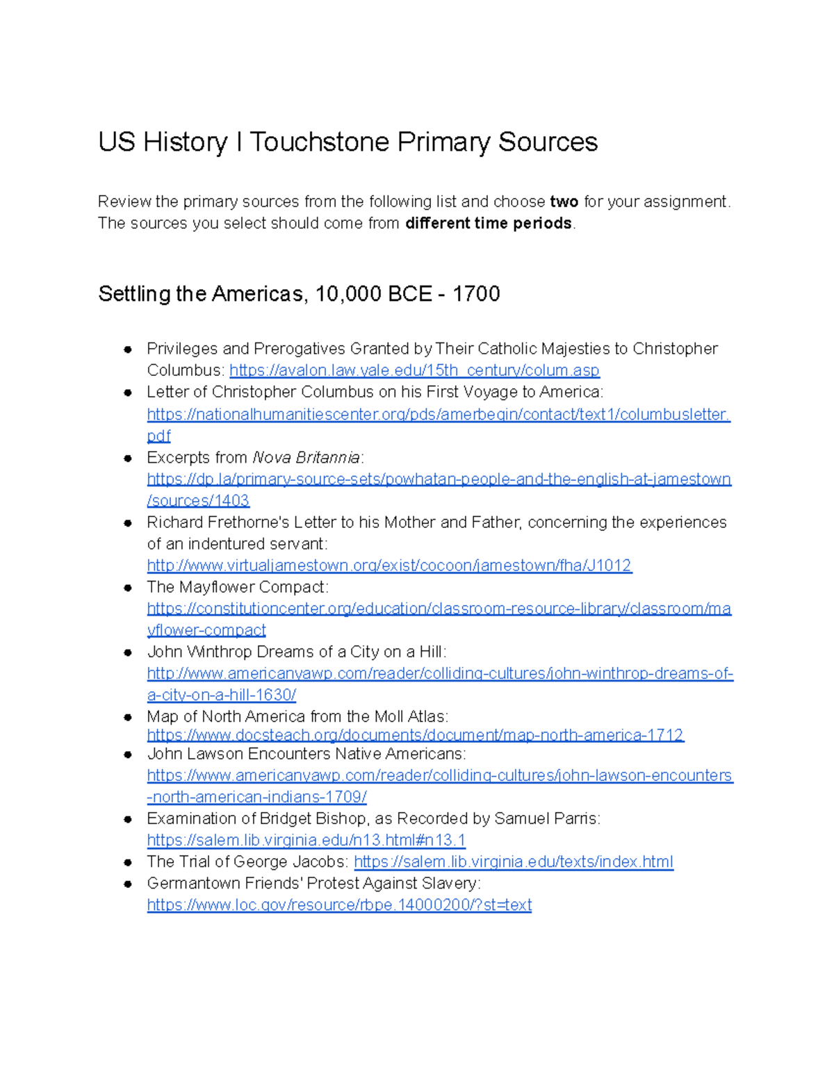 US History I Touchstone Primary Source List - US History I Touchstone ...