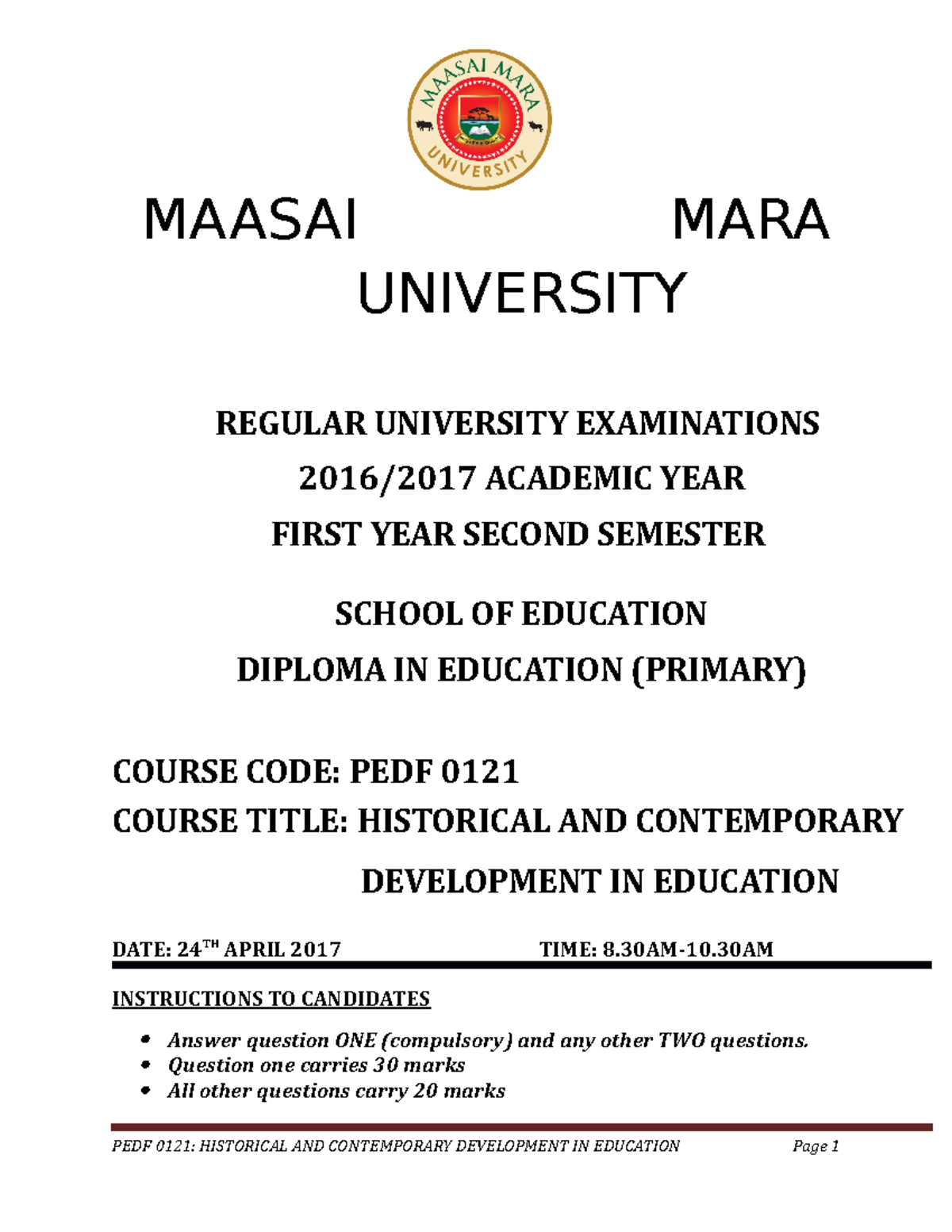 PEDF 0121 - Ushsb - MAASAI MARA UNIVERSITY REGULAR UNIVERSITY ...