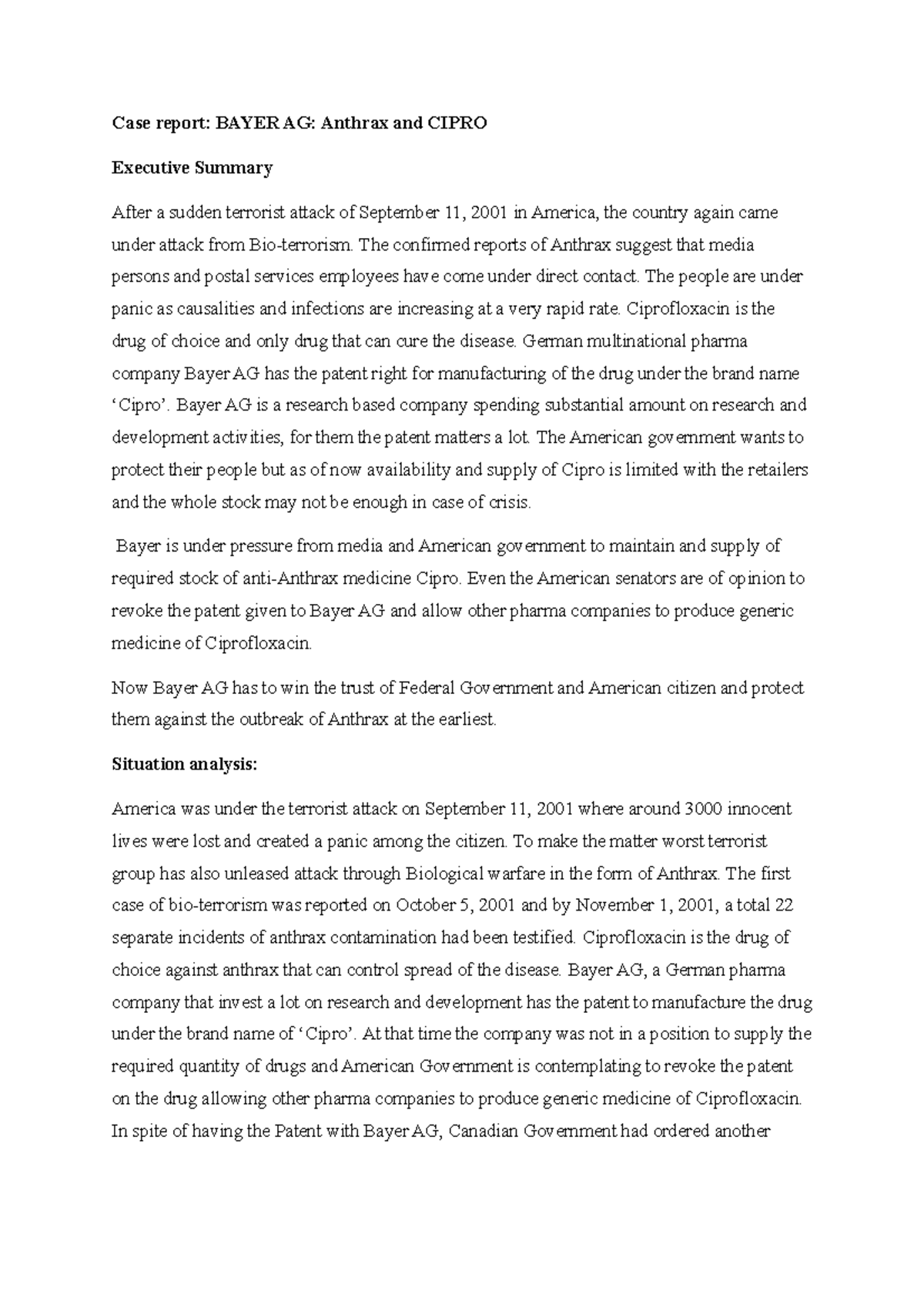 Bayer Cipro - mac - Case report: BAYER AG: Anthrax and CIPRO Executive ...