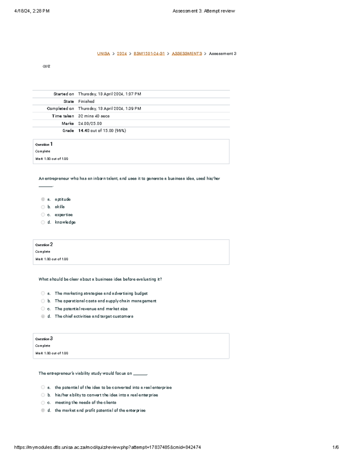 BSM1501 Assessment 3 - UNISA 2024 BSM1501-24-S1 ASSESSMENTS Assessment 3 Started on - Studocu