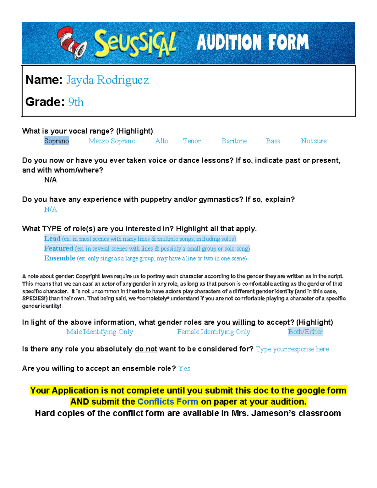 Copy of 4 Seuss Audition Form - Name: Jayda Rodriguez Grade: 9th What ...