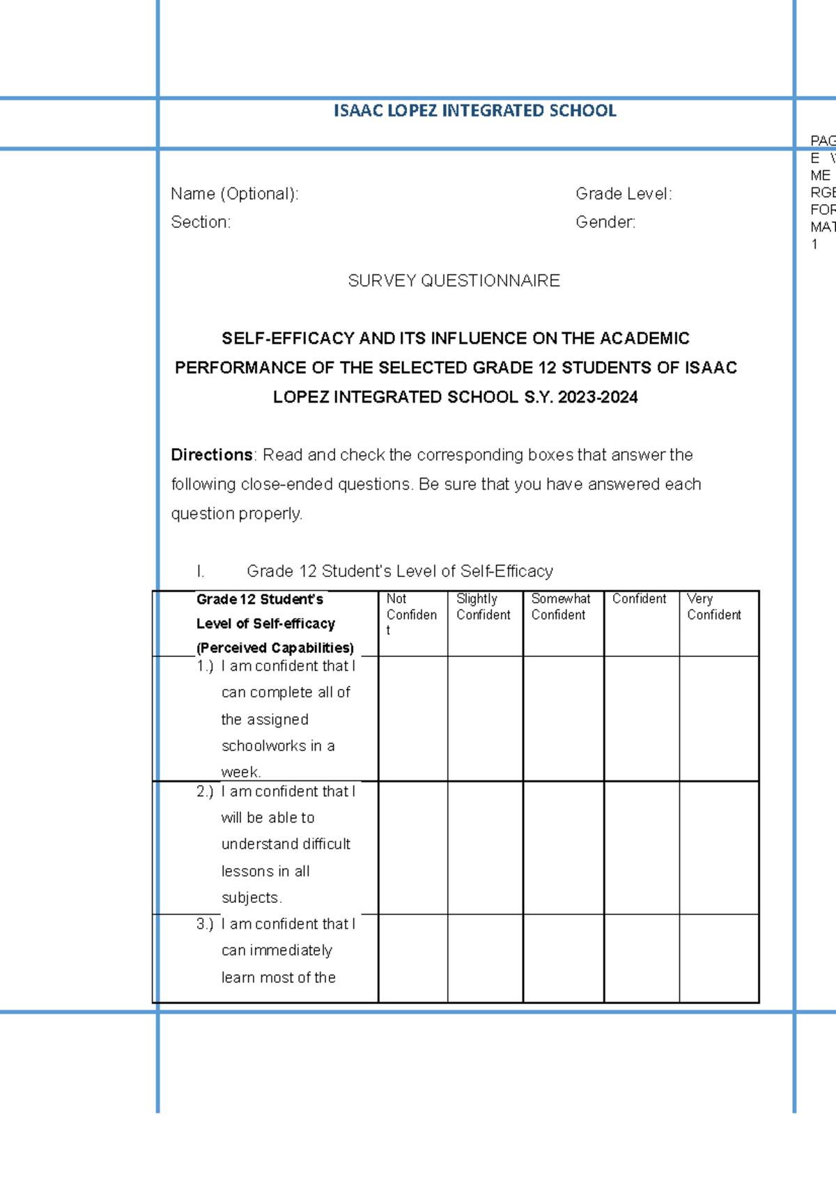 Survey Questionnaire Selfefficacy 1 - PAG E * ME RGE FOR MAT 1 Name ...