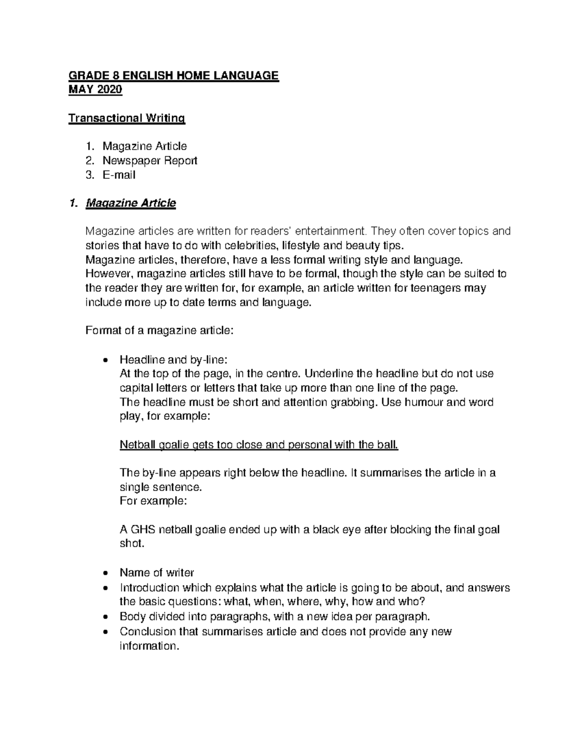 Grade 8 English Transactional Writing Grade 8 English Home Language