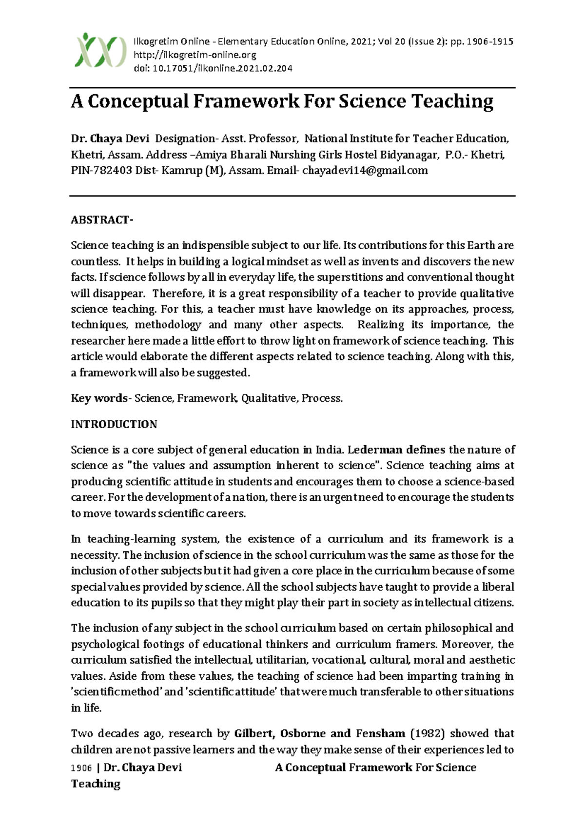 A Conceptual Framework For Science Teaching - Ilkogretim Online ...