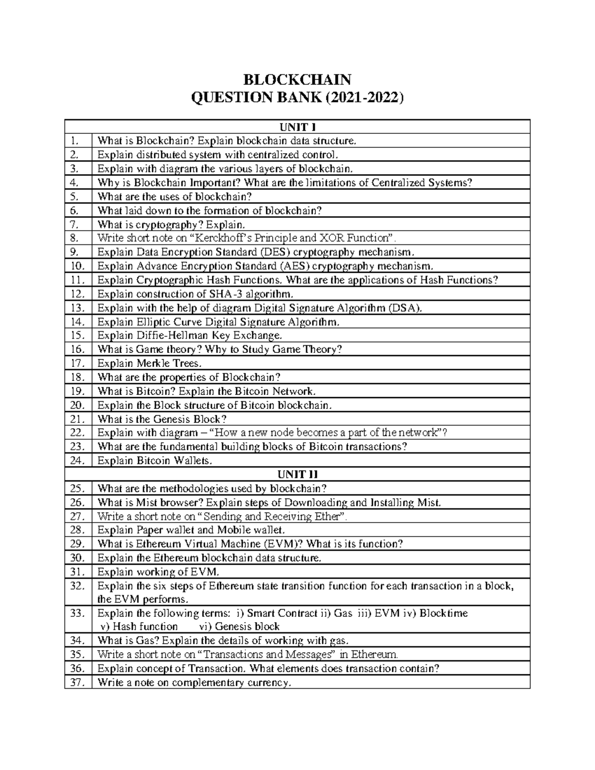 Blockchain QB - BLOCKCHAIN QUESTION BANK (2021-2022) UNIT I What is Blockchain? Explain ...