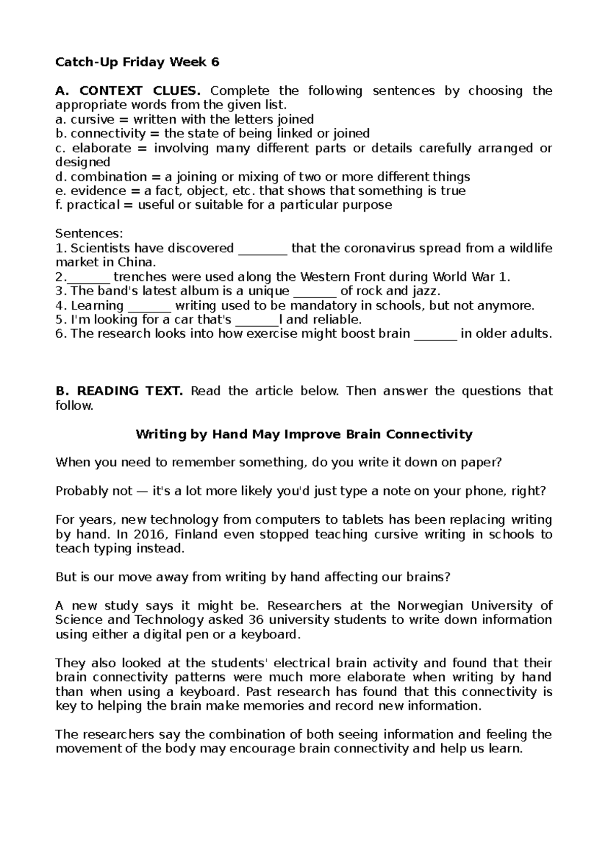 Catch Up Friday Worksheet Week 6 - Catch-Up Friday Week 6 A. CONTEXT ...