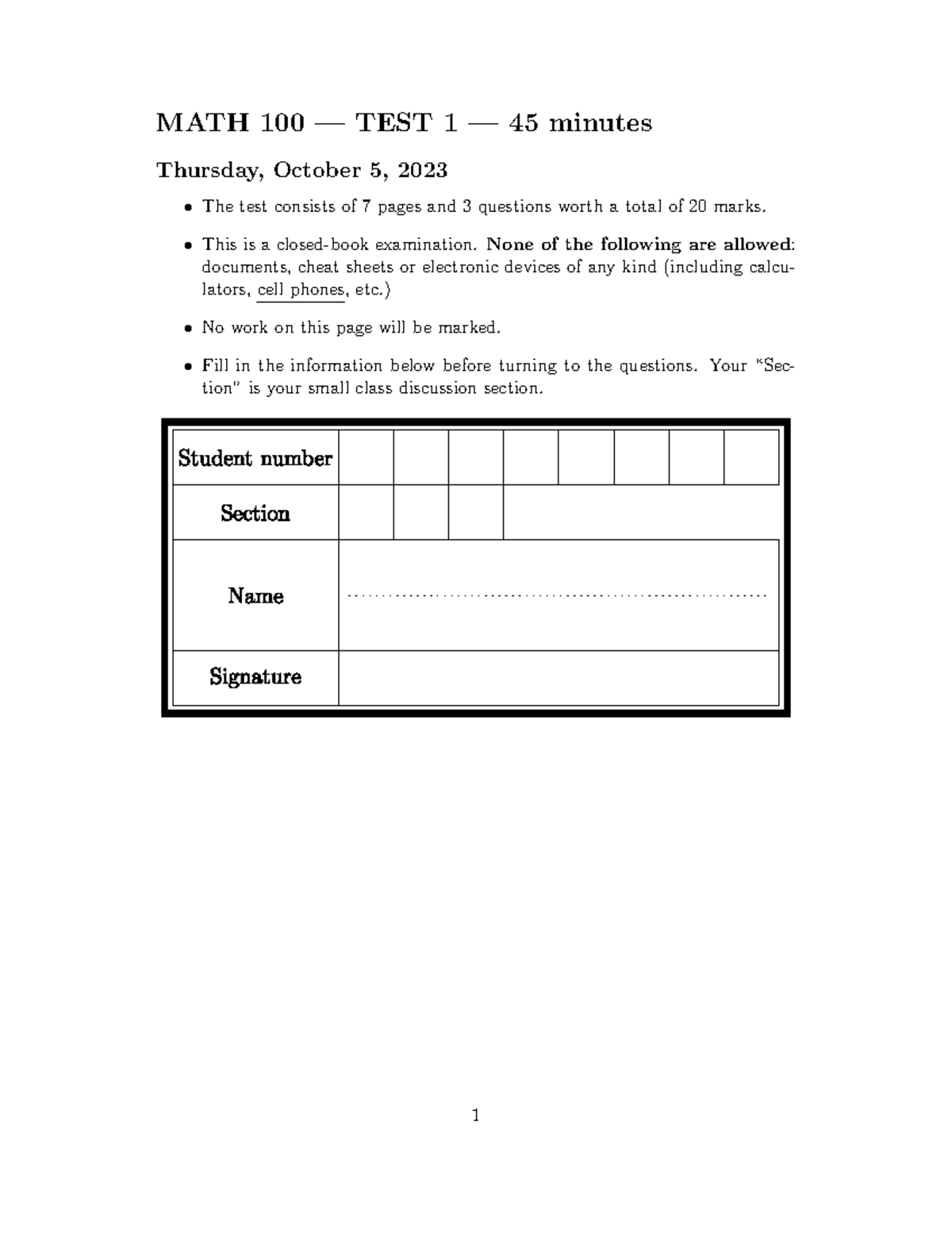 T1 Thu5 v2 - Midterm paper - MATH 100 — TEST 1 — 45 minutes Thursday ...