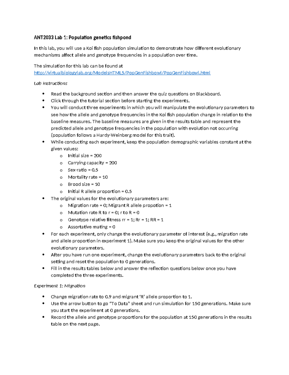 Lab 1 Pop gen fish lab notes - ANT2033 Lab 1: Population genetics ...