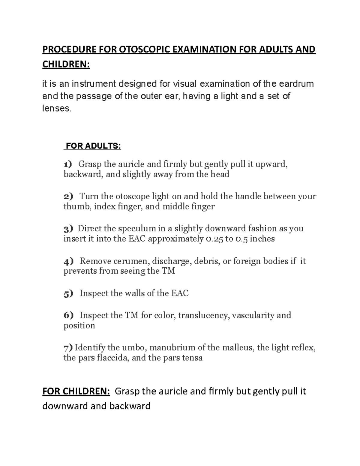 Procedure For Otoscopic Examination FOR Adults AND Children to check ...
