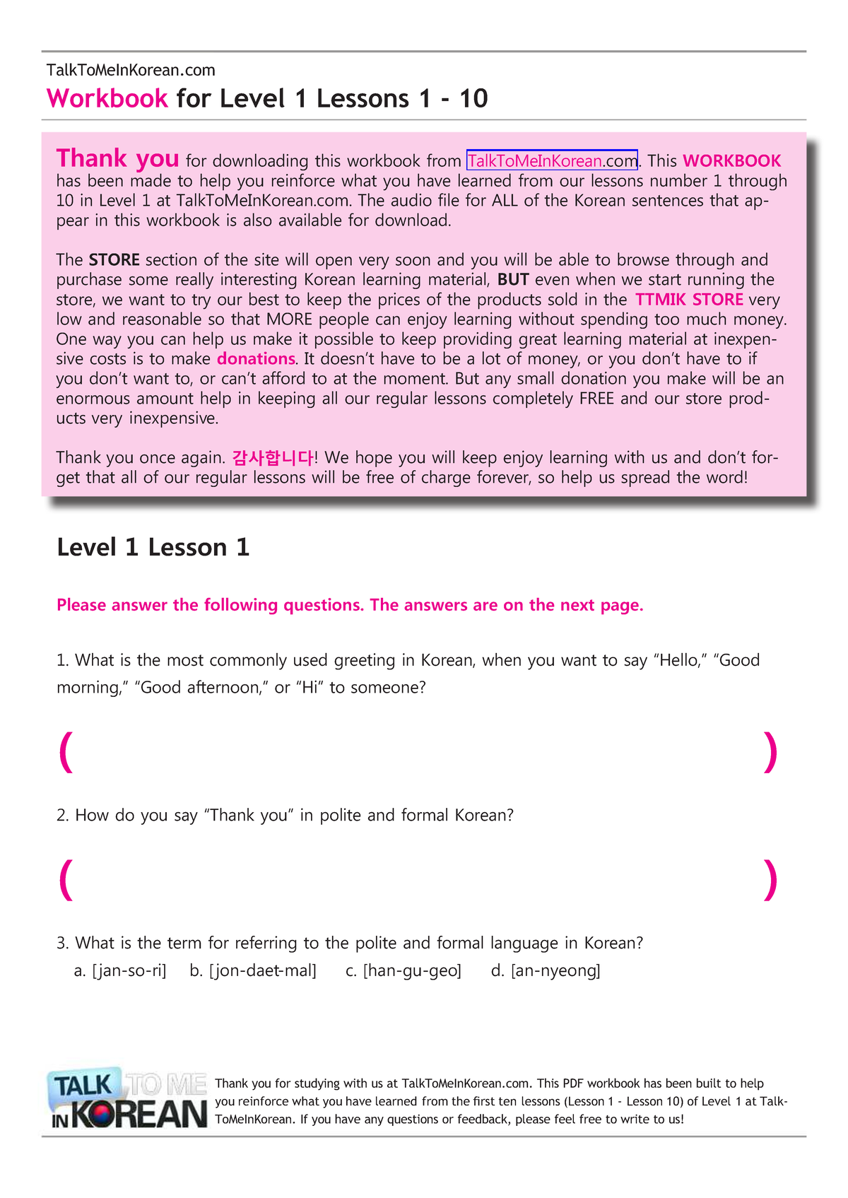 Workbook for Level 1 - WorkbookWorkbook for Level 1 Lessons 1 - 10for ...