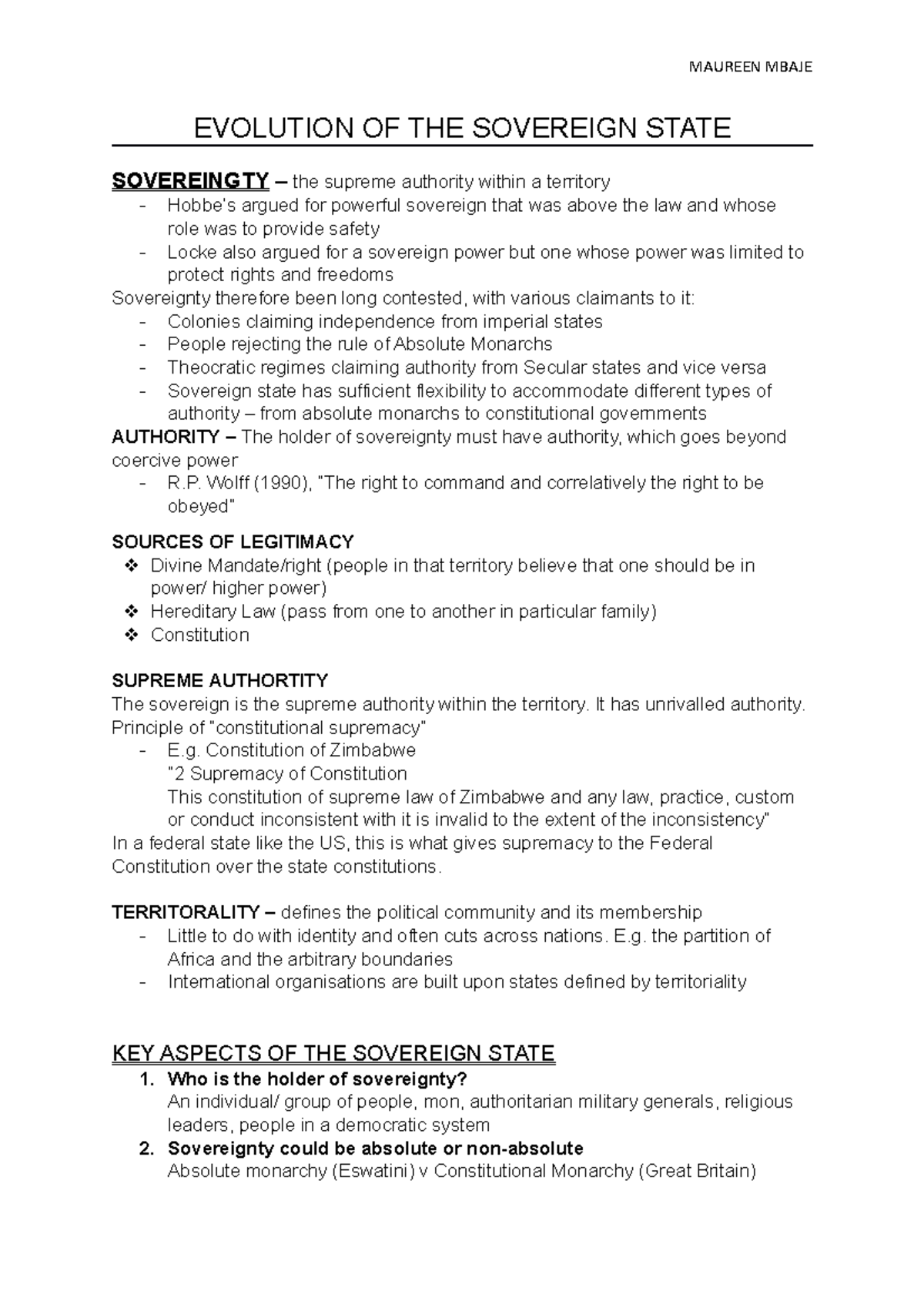 L2, Evolution of the sovereign state - MAUREEN MBAJE EVOLUTION OF THE ...