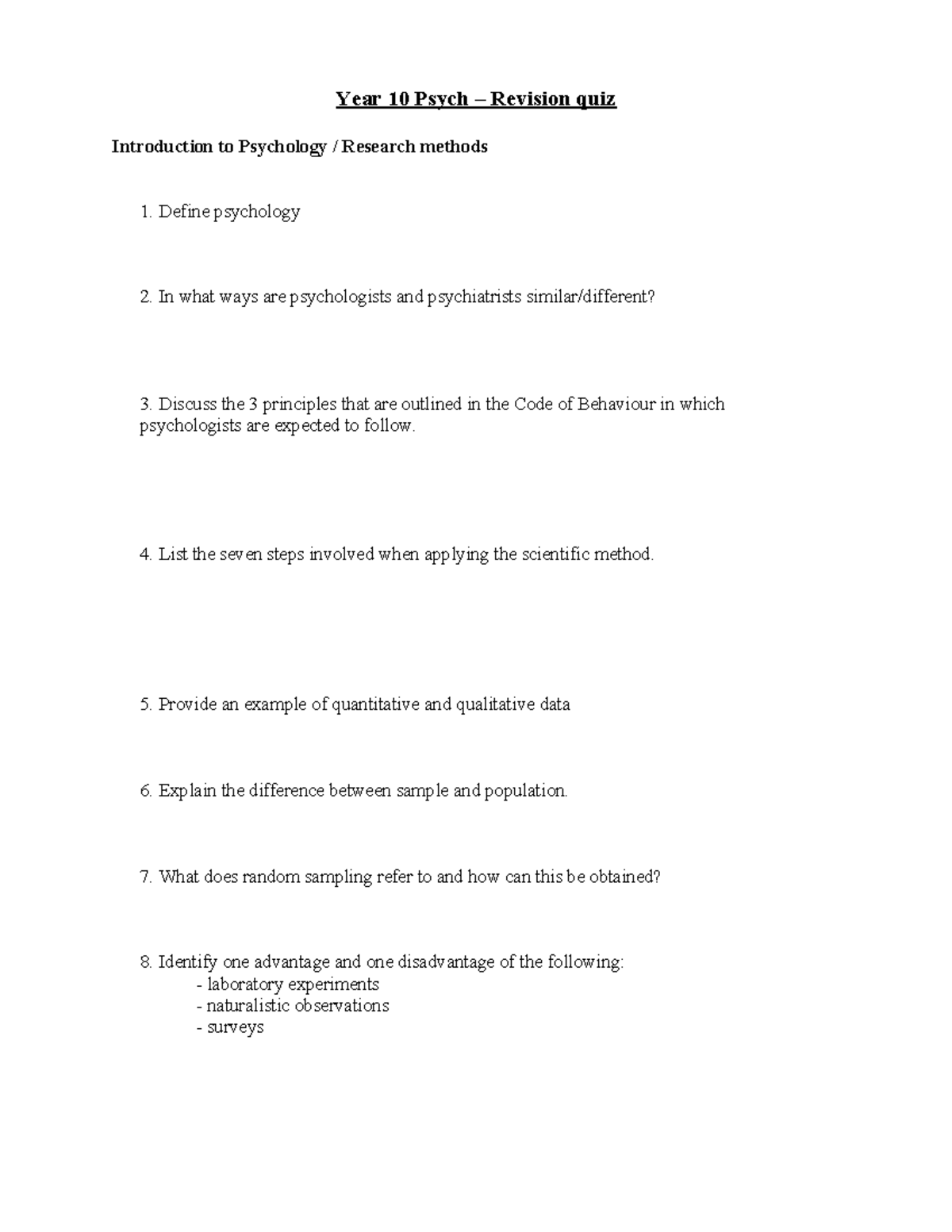 Overall psychology quiz - Year 10 Psych – Revision quiz Introduction to ...