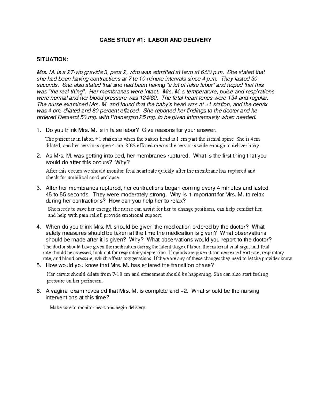 CASE Study labor and delivery - CASE STUDY #1: LABOR AND DELIVERY ...