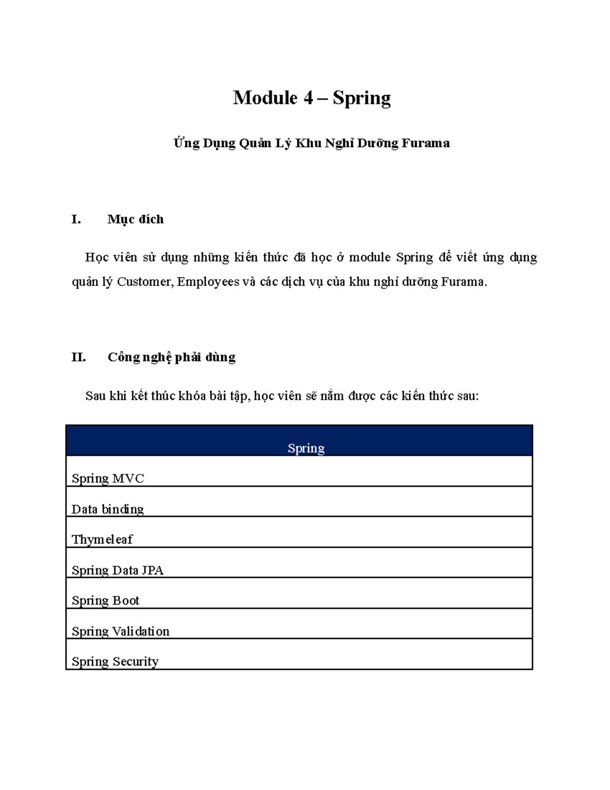 CG-DN Case Study for Spring v1 - Module 4 – Spring Ứng Dụng Quản Lý Khu Nghỉ Dưỡng Furama I. Mục ...