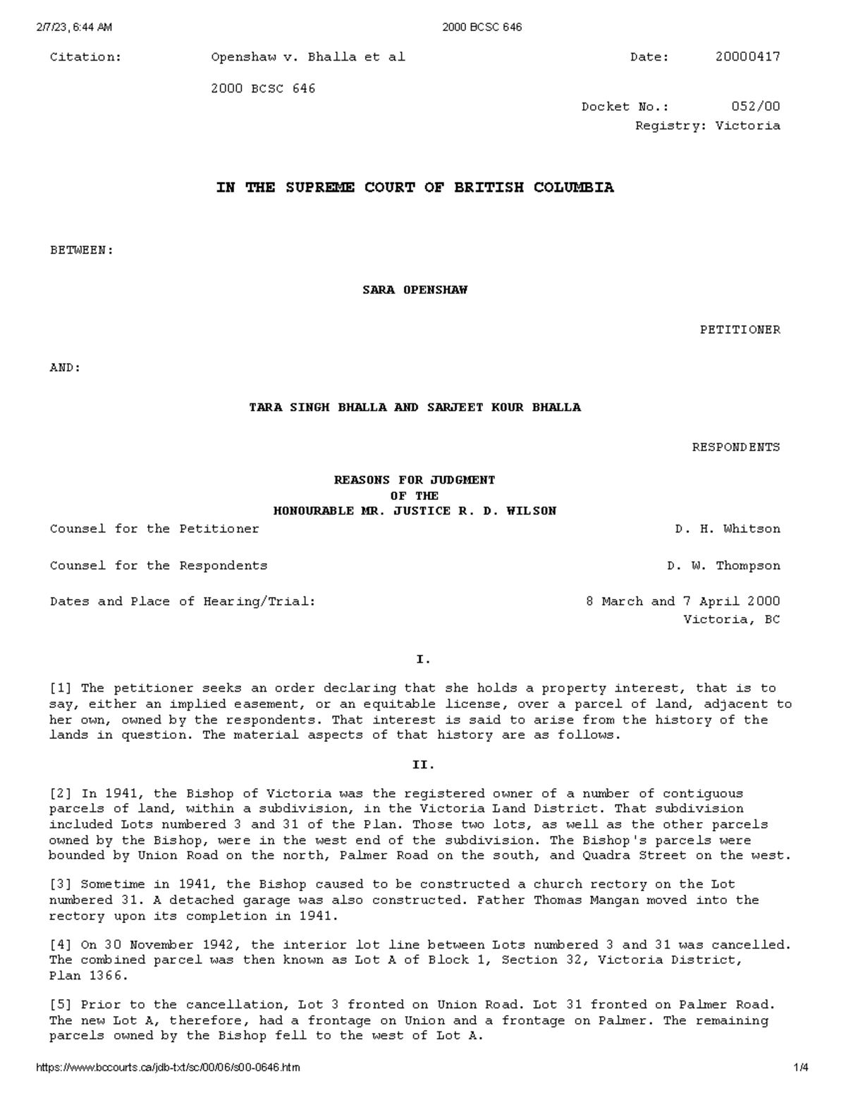 Busi 112 - case study important - Citation: Openshaw v. Bhalla et al ...