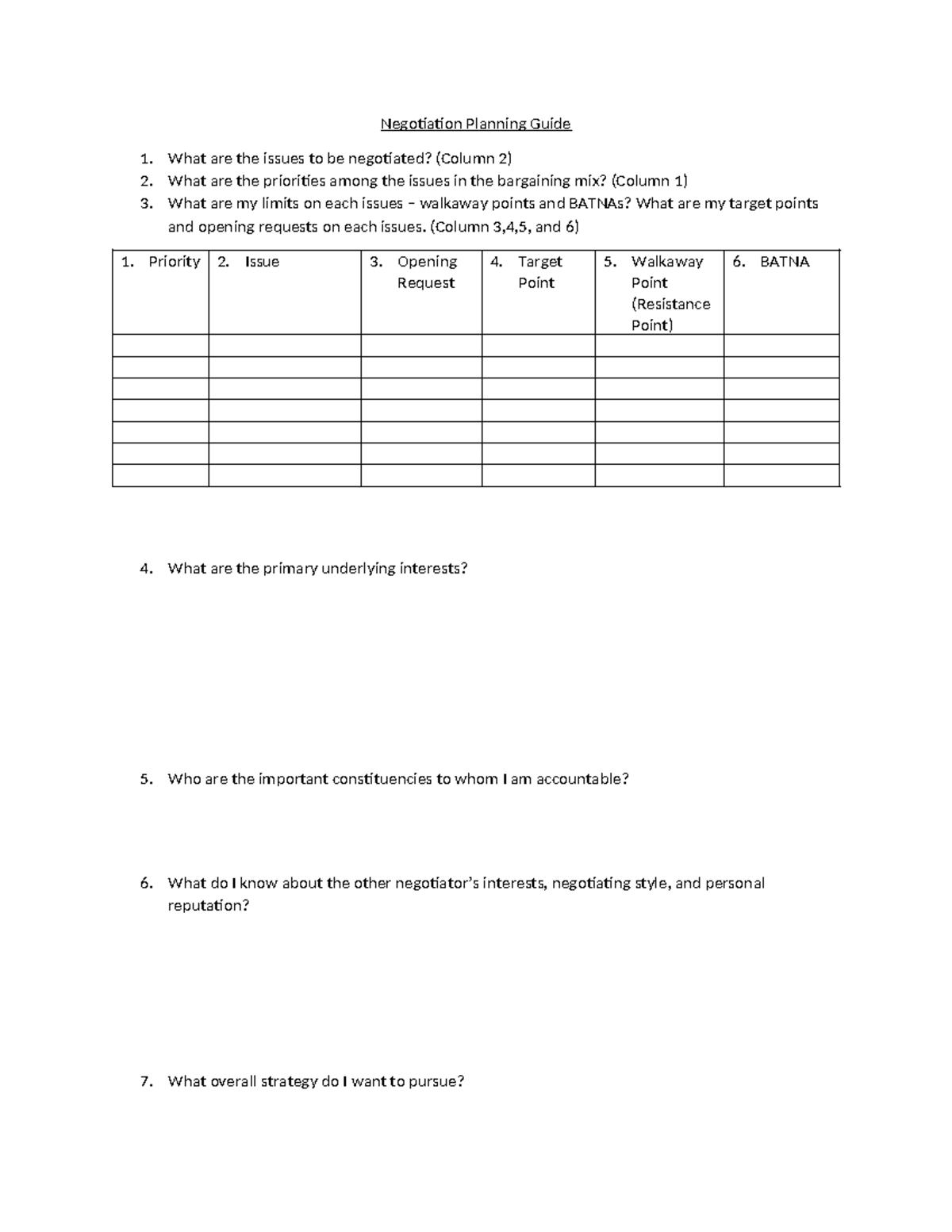 Negotiation Planning Guide - Negotiation Planning Guide What are the ...