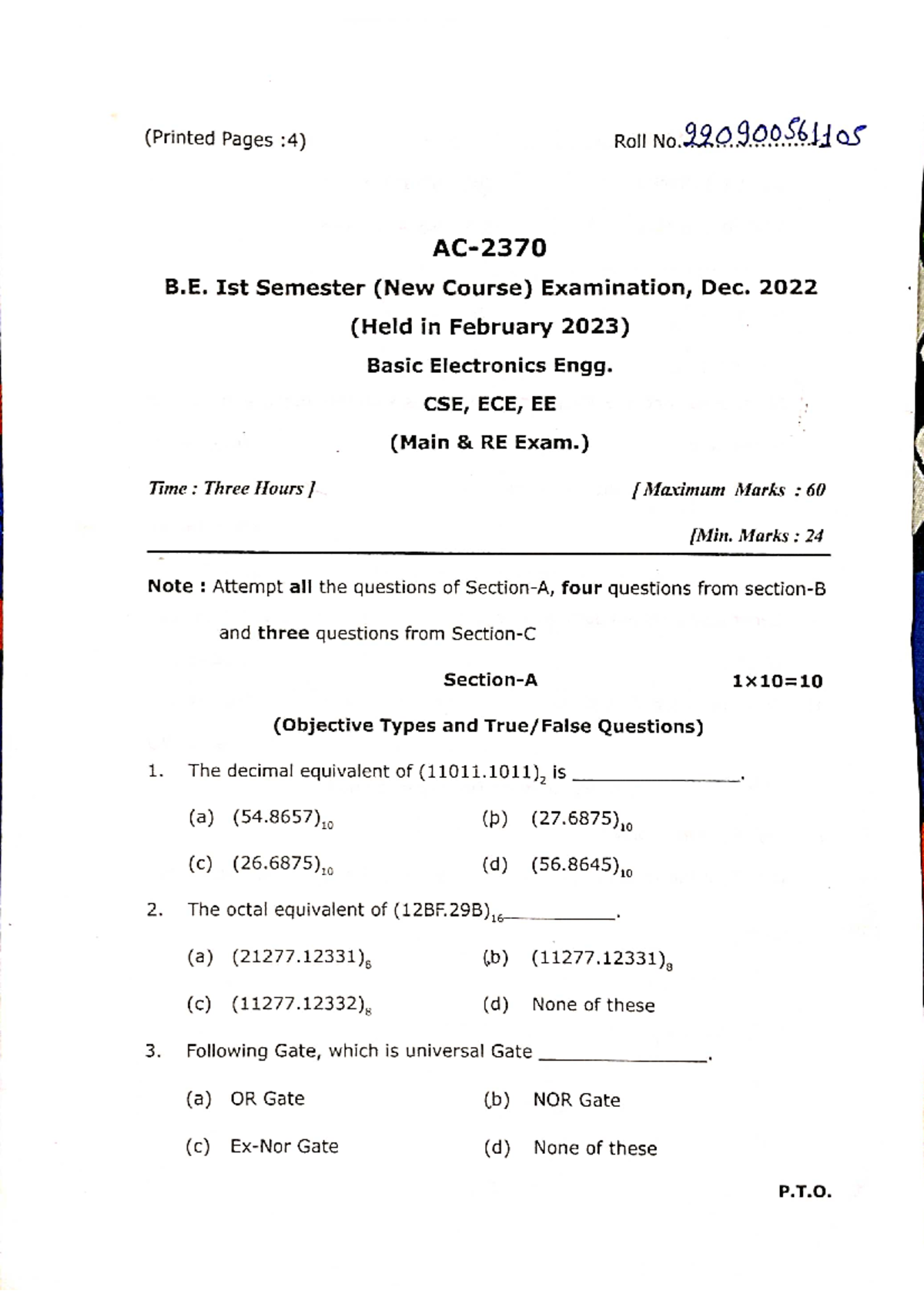 BEE Semester Question paper 2023 - Bachelor of Science - Studocu