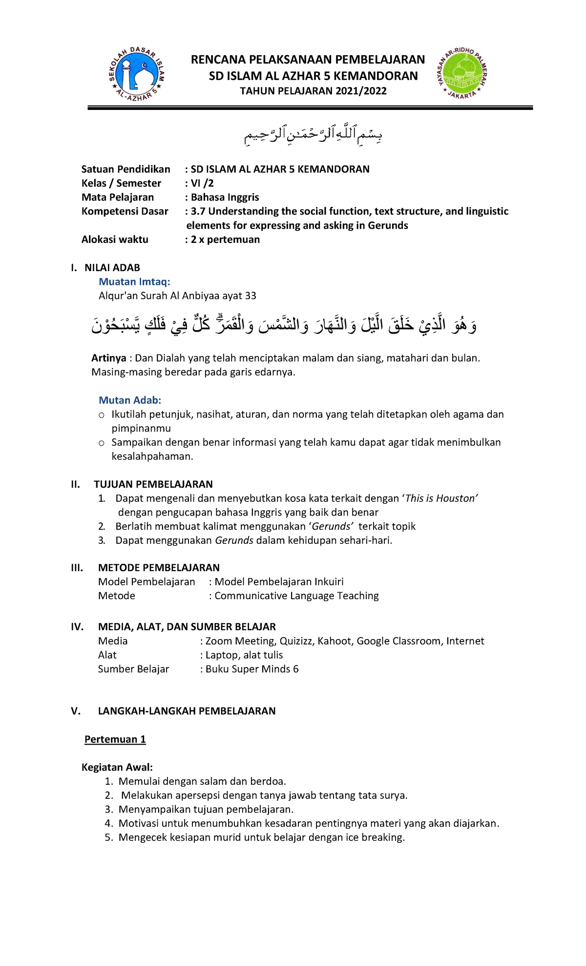 English Lesson PLAN UNIT 7 RENCANA PELAKSANAAN PEMBELAJARAN SD ISLAM