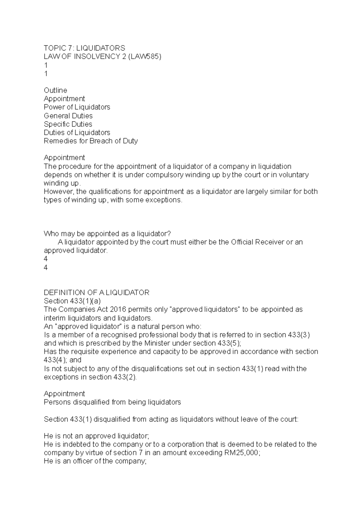 Topic 7 Liquidator - Insolvency II - UiTM - Studocu