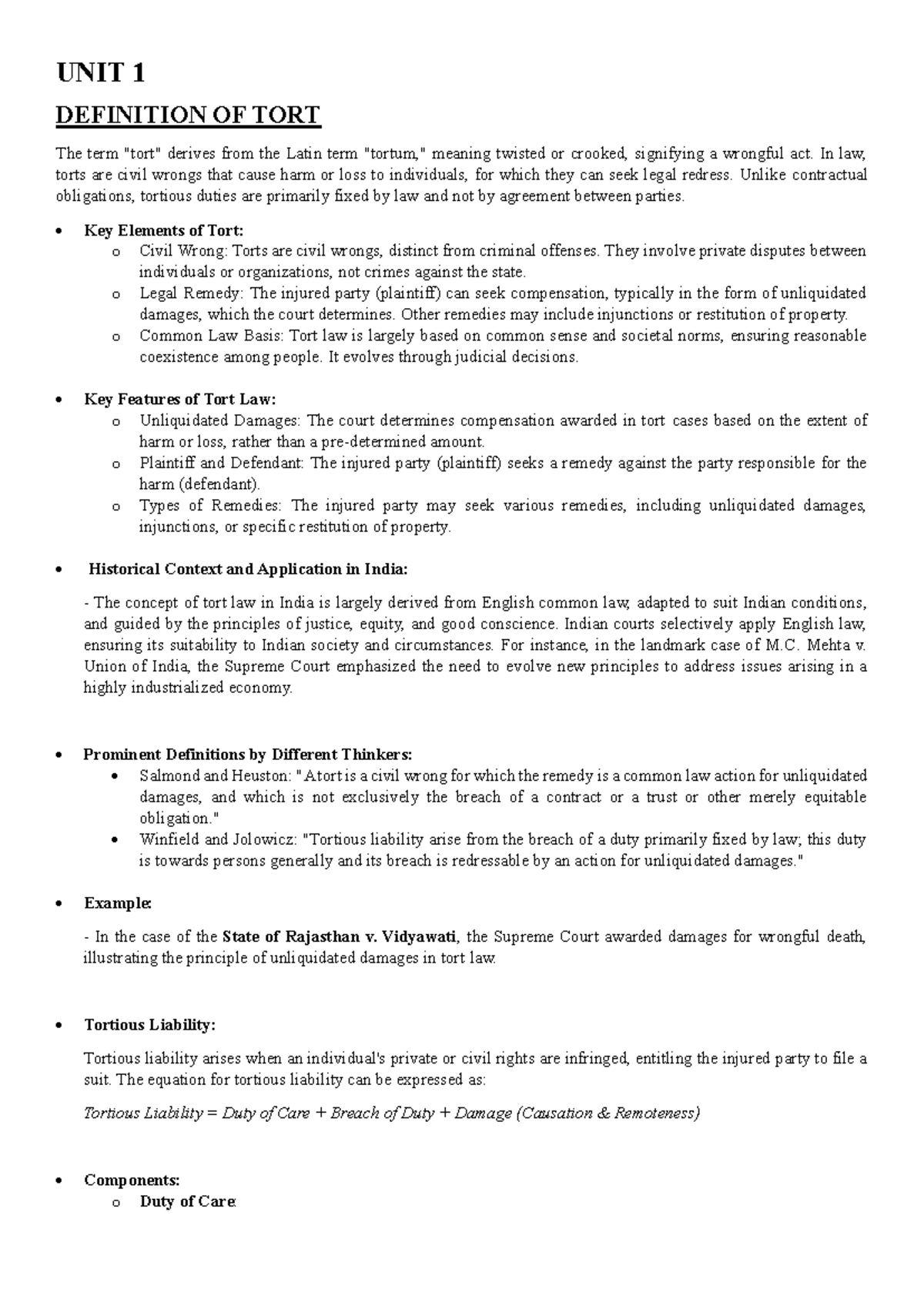 LAW OF Torts I - UNIT 1 DEFINITION OF TORT The term "tort" derives from ...