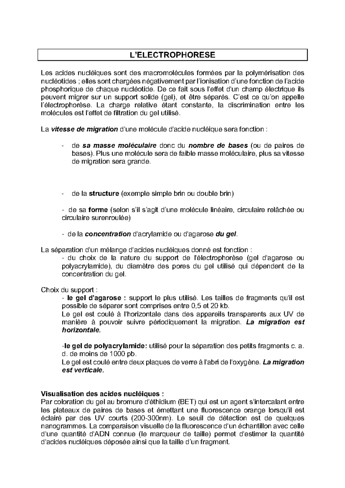Fiche technique electrophorese - L’ELECTROPHORESE Les acides nucléiques ...