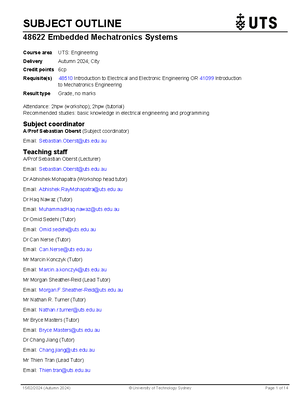 EMS Subject Outline - SUBJECT OUTLINE 48622 Embedded Mechatronics Systems Attendance: 2hpw - Studocu