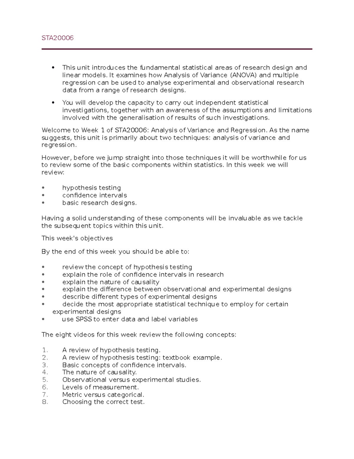 STA2000 6 - This unit introduces the fundamental statistical areas of ...