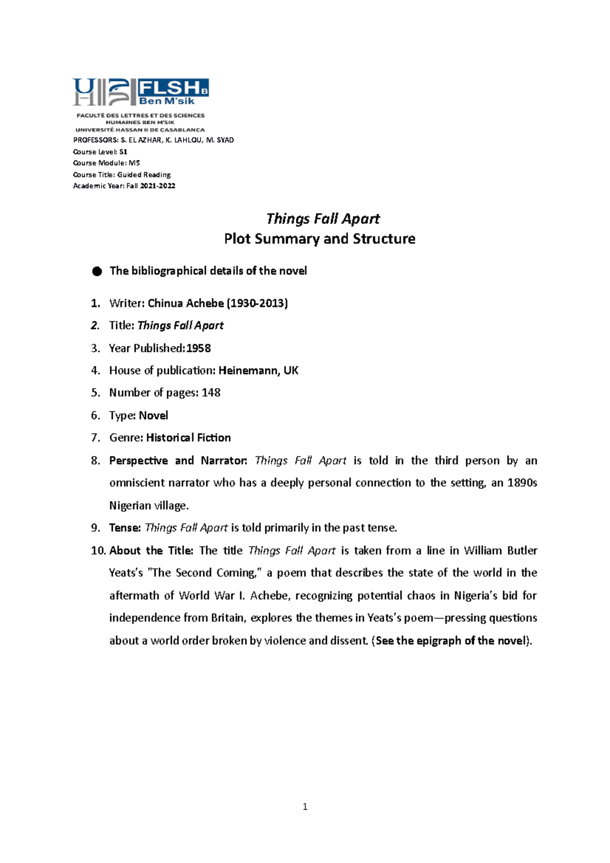 Things Fall Apart Plot Summary and Structure - PROFESSORS: S. EL AZHAR ...