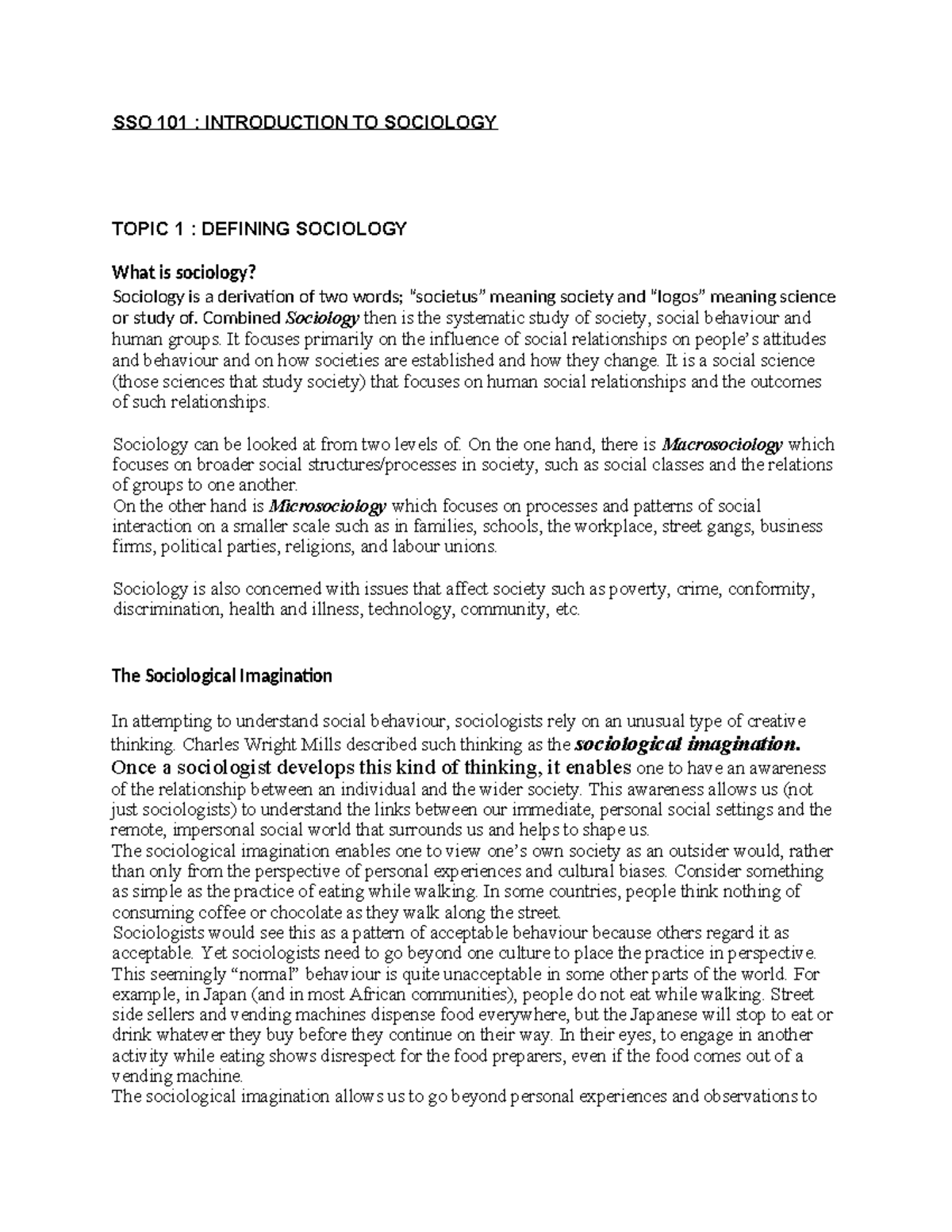 Introduction to Sociology - SSO 101 : INTRODUCTION TO SOCIOLOGY TOPIC 1 ...