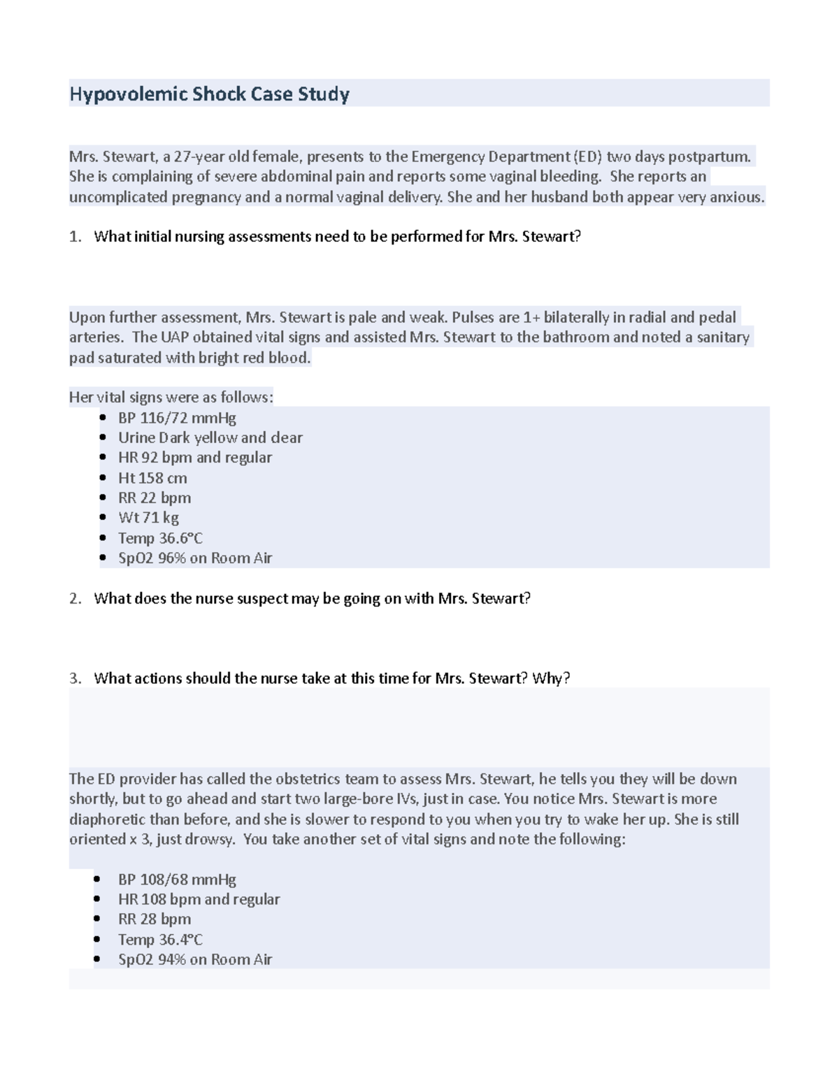 Case study - hypovolemis shock STV - Hypovolemic Shock Case Study Mrs ...