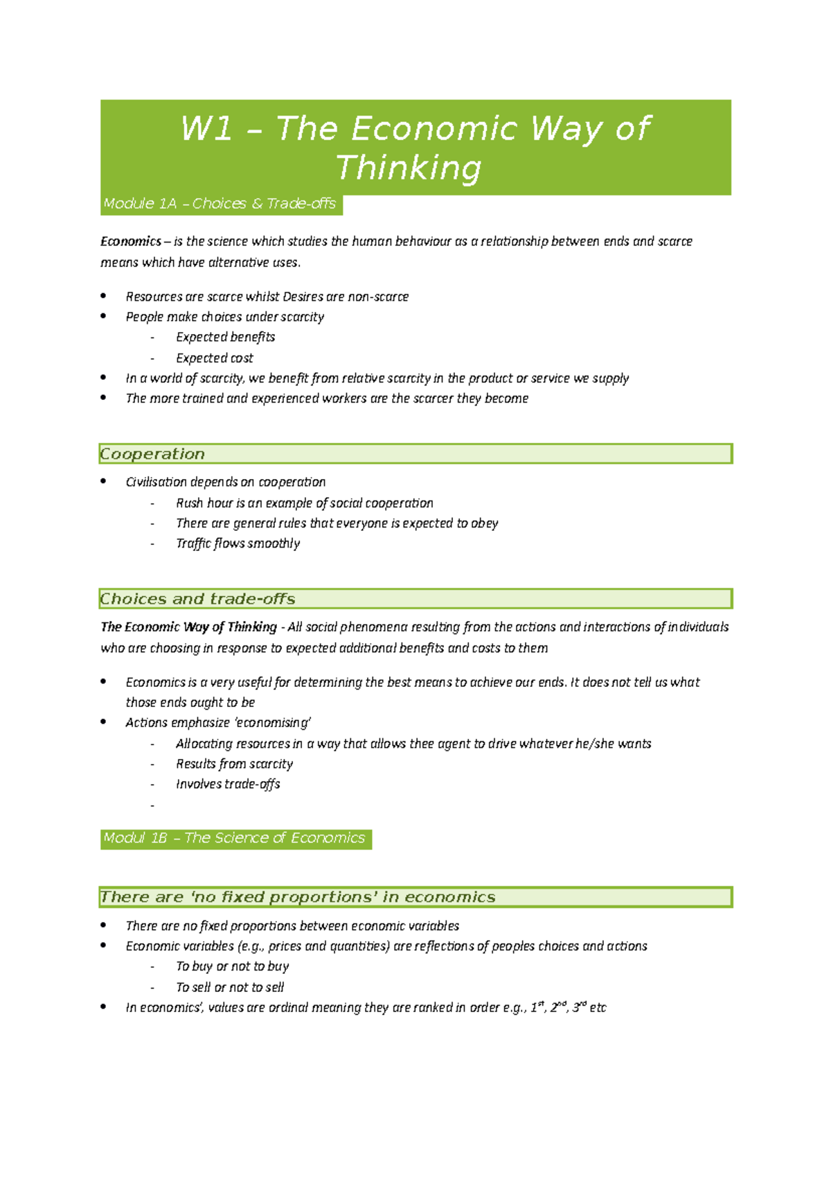 W1 - summary of week 1 lecture - W1 – The Economic Way of Thinking ...