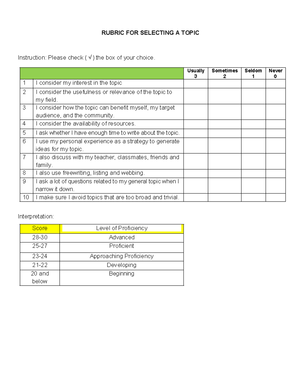 Rubric for Selecting A Topic - RUBRIC FOR SELECTING A TOPIC Instruction ...