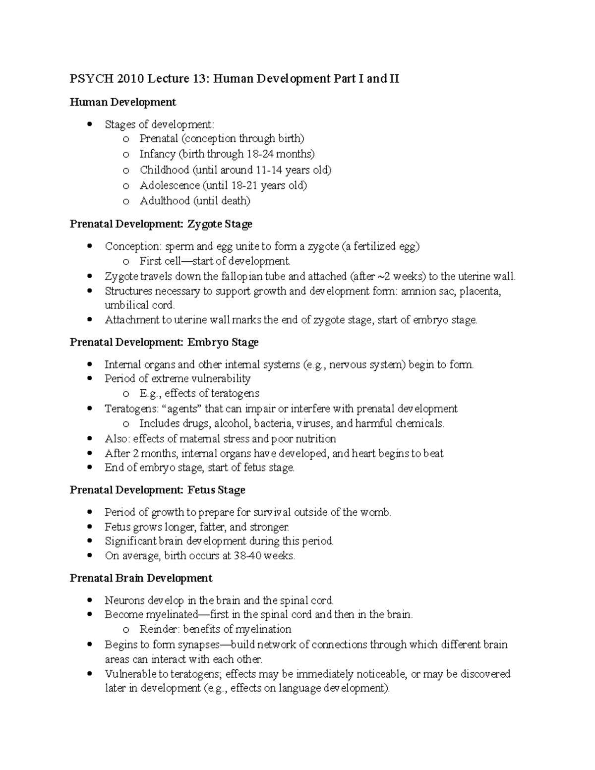 Psych 2010 Lecture 13 and 14 Human Development - PSYCH 2010 Lecture 13 ...