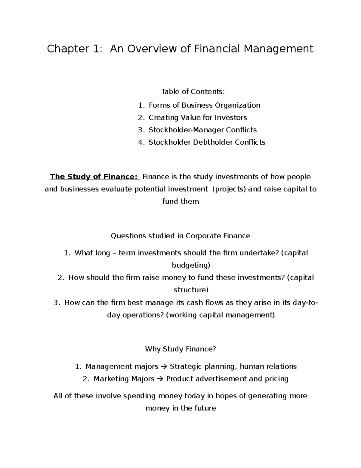 Fundamentals of Finance, Chapter 1 Notes - Chapter 1: An Overview of ...