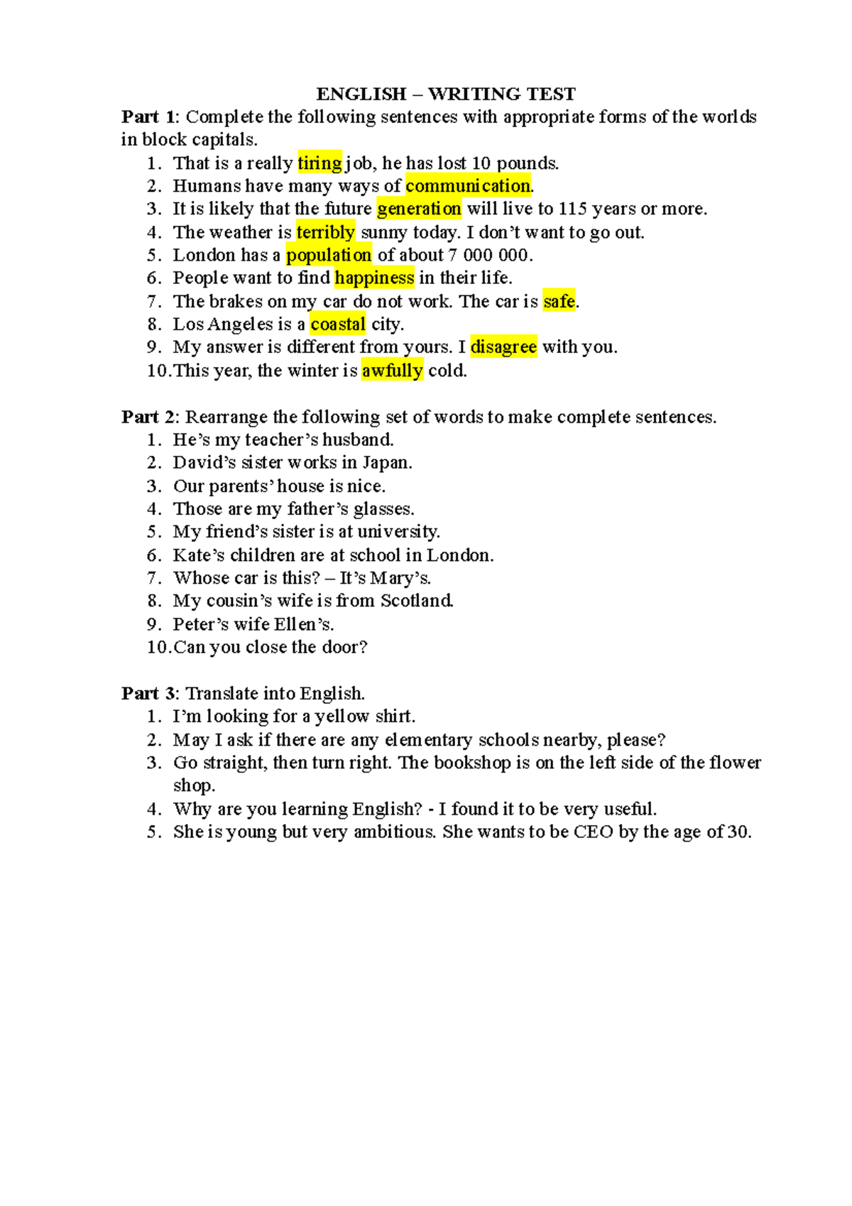 English - its good - ENGLISH – WRITING TEST Part 1 : Complete the ...